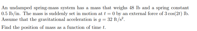 Solved An undamped spring-mass system has a mass that weighs | Chegg.com