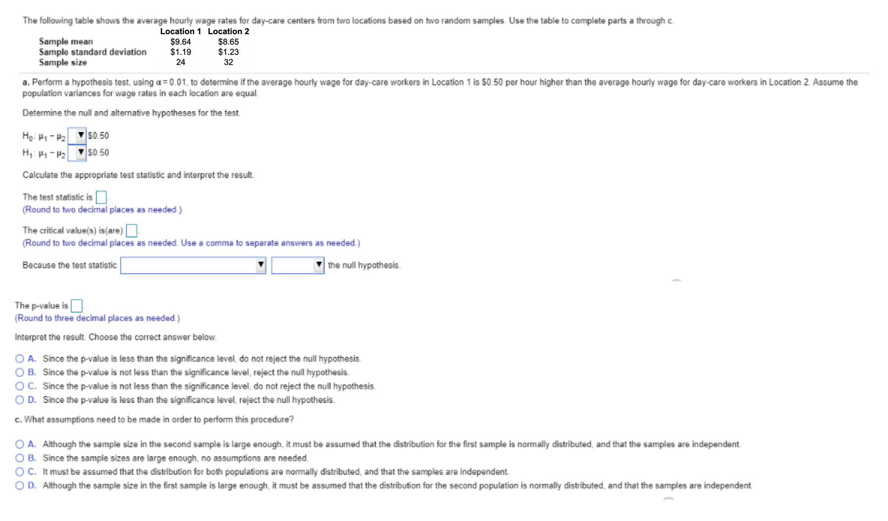 Solved Calculate The Appropriate Test Statistic And