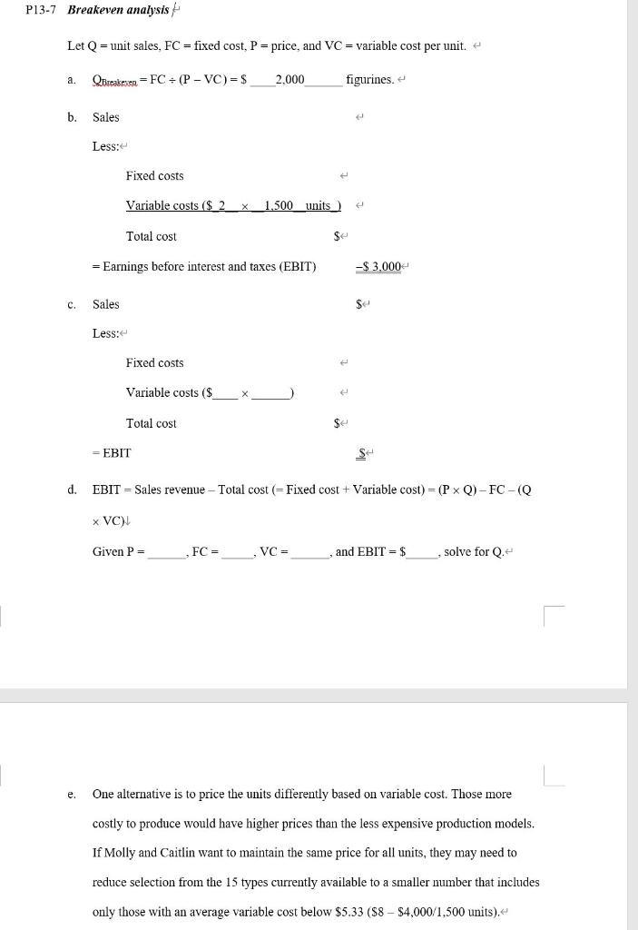 Solved P13-7 Breakeven analysis Molly Jasper and her sister, | Chegg.com