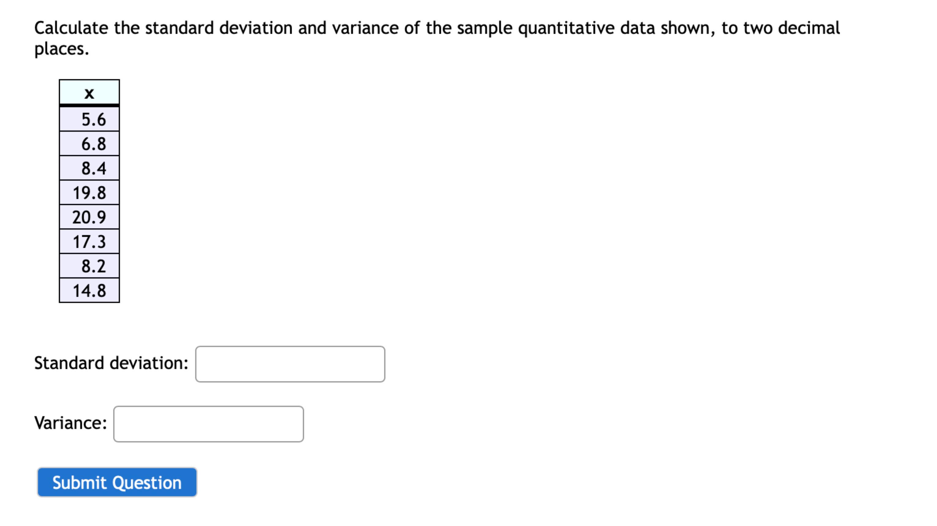 Solved Calculate the standard deviation and variance of the | Chegg.com