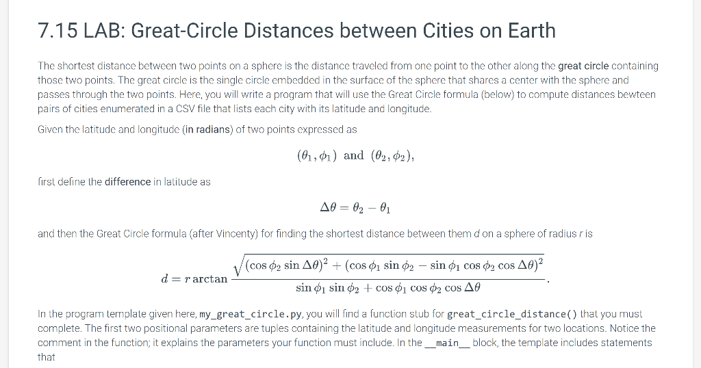 7.15 LAB: Great-Circle Distances between cities on | Chegg.com