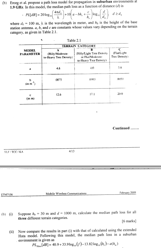 Solved (b) Erceg et al. propose a path loss model for | Chegg.com