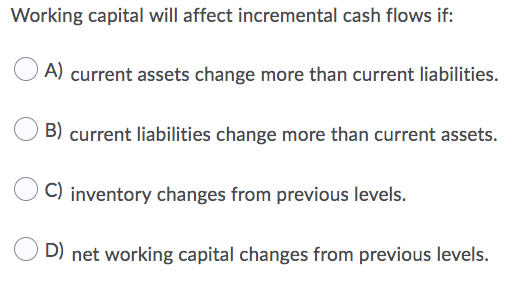 Solved Working capital will affect incremental cash flows | Chegg.com