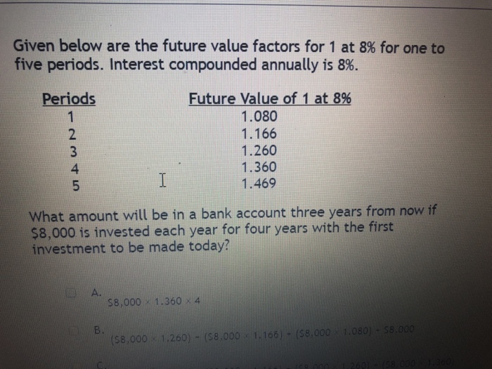 Solved Given below are the future value factors for 1 at 8% | Chegg.com