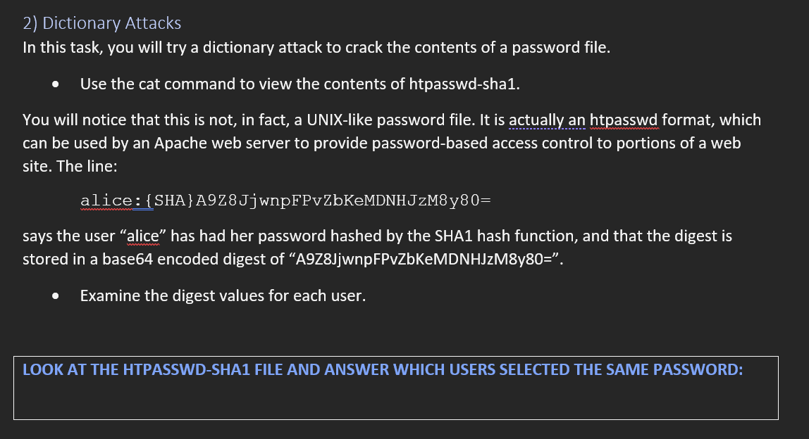 2) Dictionary Attacks In this task, you will try a | Chegg.com