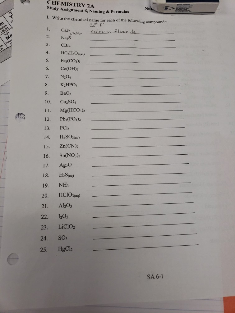 Solved CHEMISTRY 2A Study Assignment 6, Naming & Formulas I. | Chegg.com