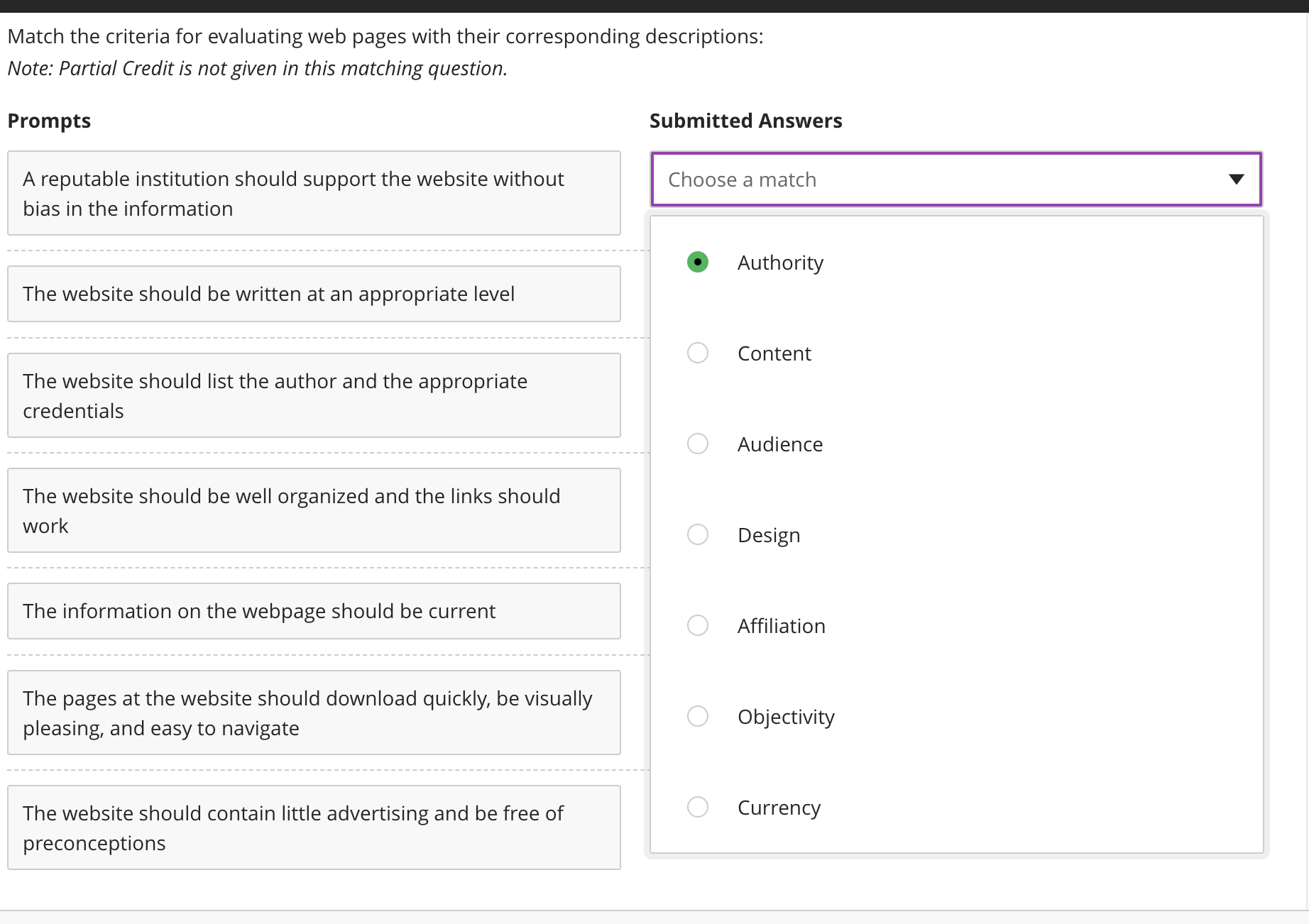 Solved Match the criteria for evaluating web pages with | Chegg.com