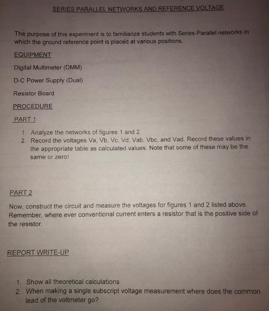 Solved SERIES PARALLEL NETWORKS AND REFERENCE VOLTAGE The | Chegg.com