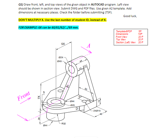 Solved Q1) Draw front, left, and top views of the given | Chegg.com
