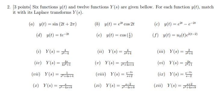 Solved 2. [3 points] Six functions y(t) and twelve functions | Chegg.com