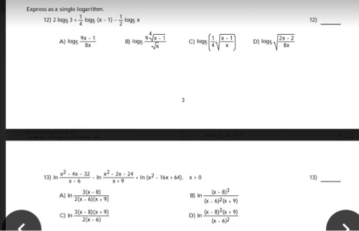 Solved Express as a single logarithm. 12) 2 log53'?log5 | Chegg.com