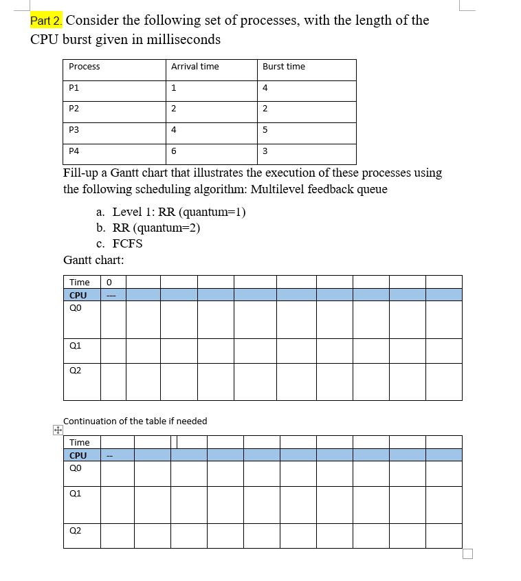 Solved Part 2. Consider the following set of processes, with | Chegg.com