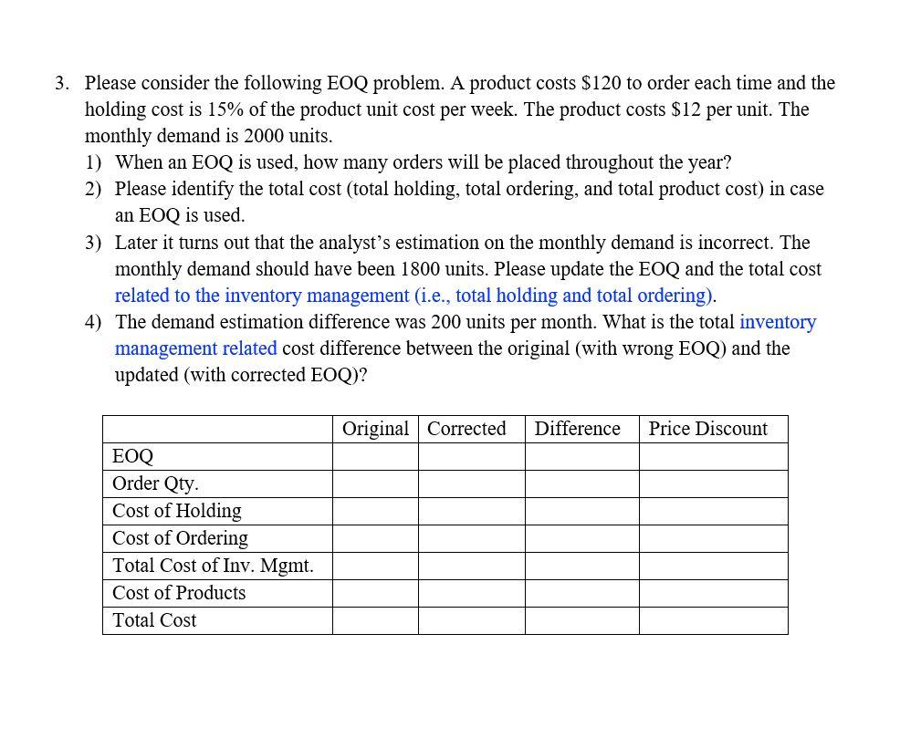 Solved 3. Please consider the following EOQ problem. A | Chegg.com