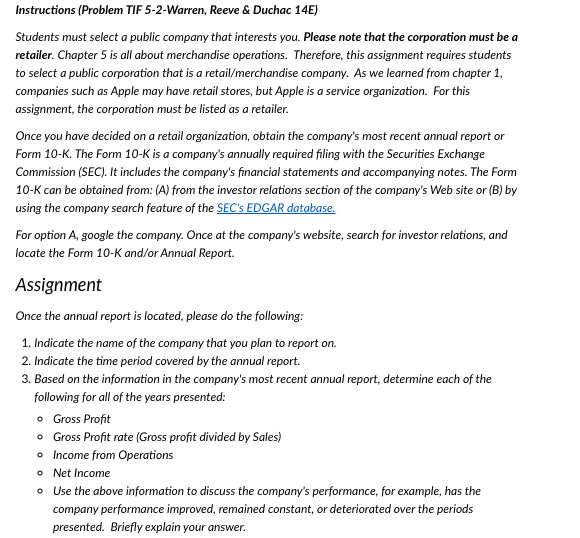 Instructions (Problem TIF 5-2-Warren, Reeve \& Duchac | Chegg.com