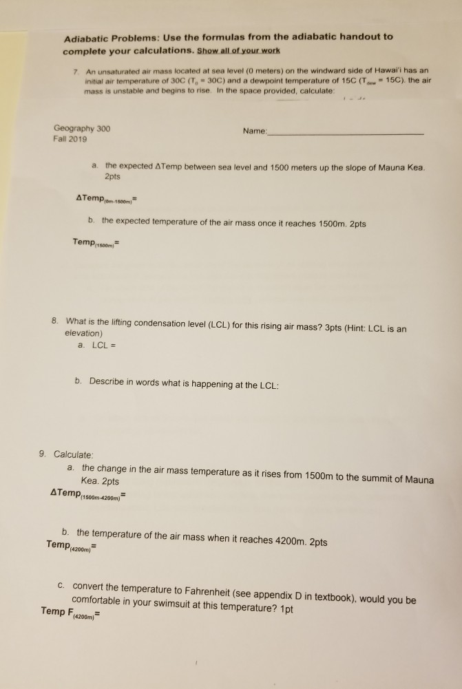 Solved Adiabatic Problems: Use the formulas from the | Chegg.com