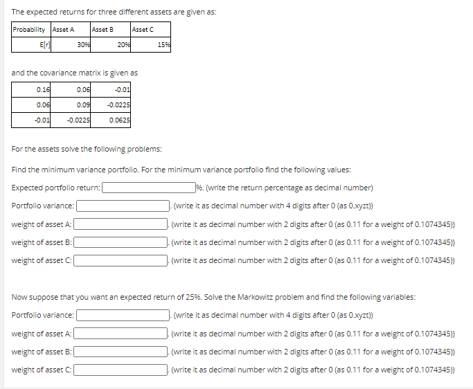 Solved The expected returns for three different assets are | Chegg.com