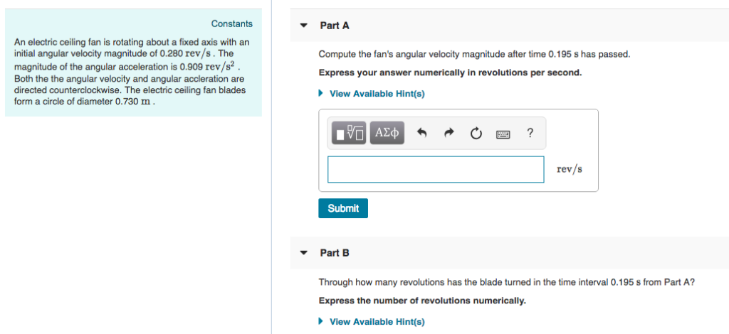Solved An electric ceiling fan is rotating about a fixed | Chegg.com