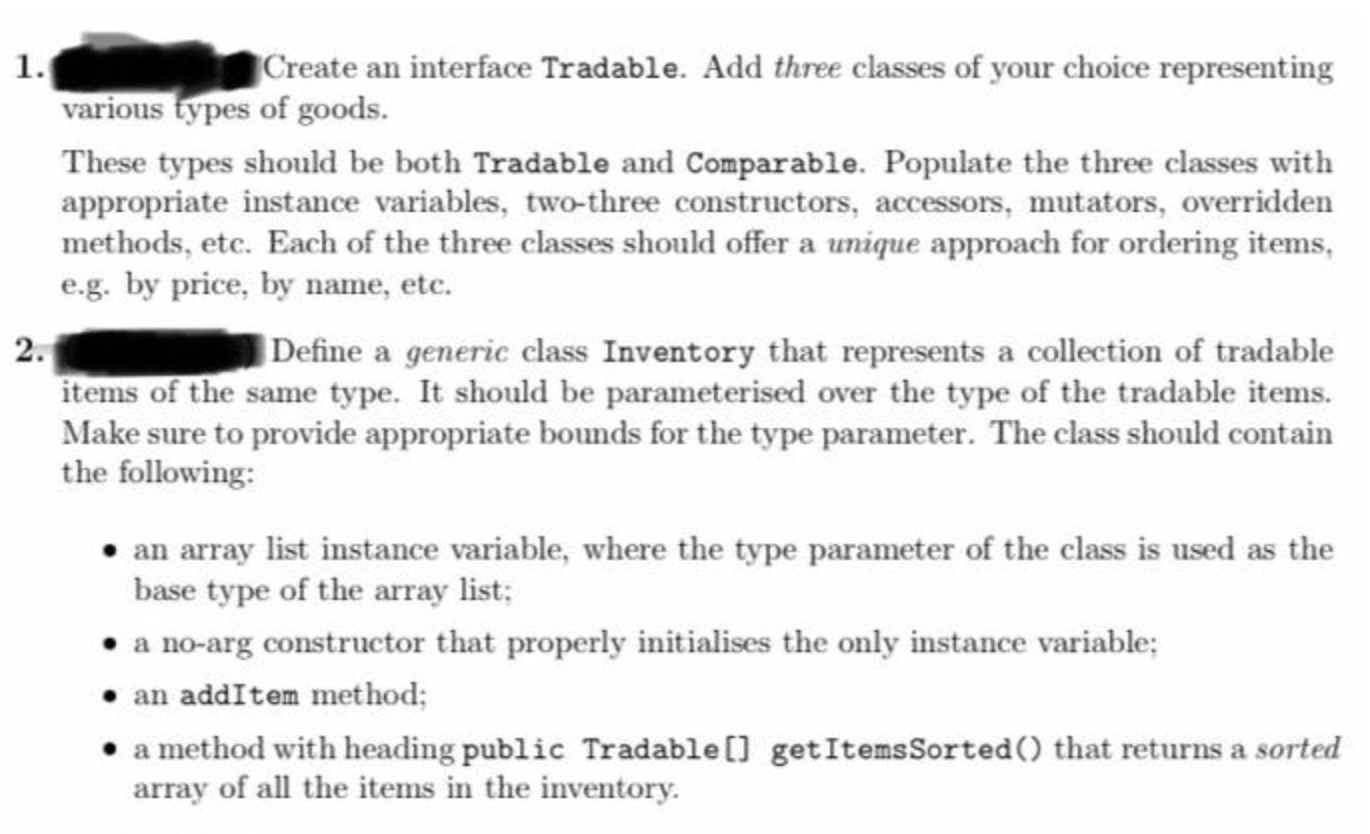 Solved 1. 2. Create an interface Tradable. Add three classes | Chegg.com