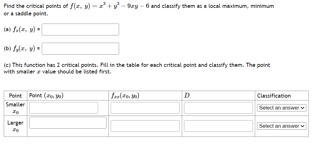Solved Find the critical points of f(x,y)=x3+y3−9xy−6 and | Chegg.com