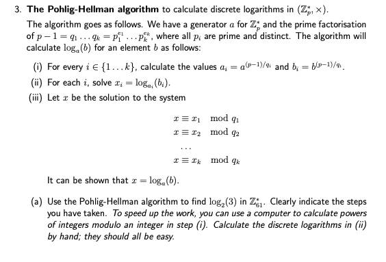 Solved The Pohlig-Hellman algorithm to calculate discrete | Chegg.com