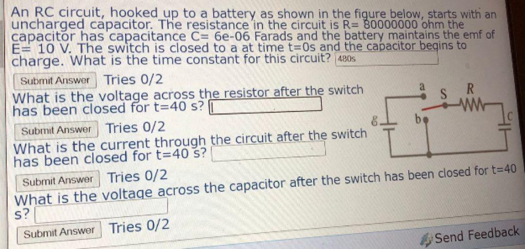 Solved a An RC circuit, hooked up to a battery as shown in | Chegg.com