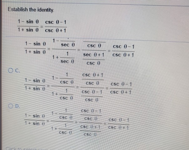 Solved Establish the identity. 1 - sin 0 1 + sin 0 cc 0-1 | Chegg.com