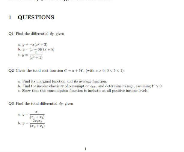 Solved Q1 Find the differential dy, given a. y=−x(x2+3) b. | Chegg.com