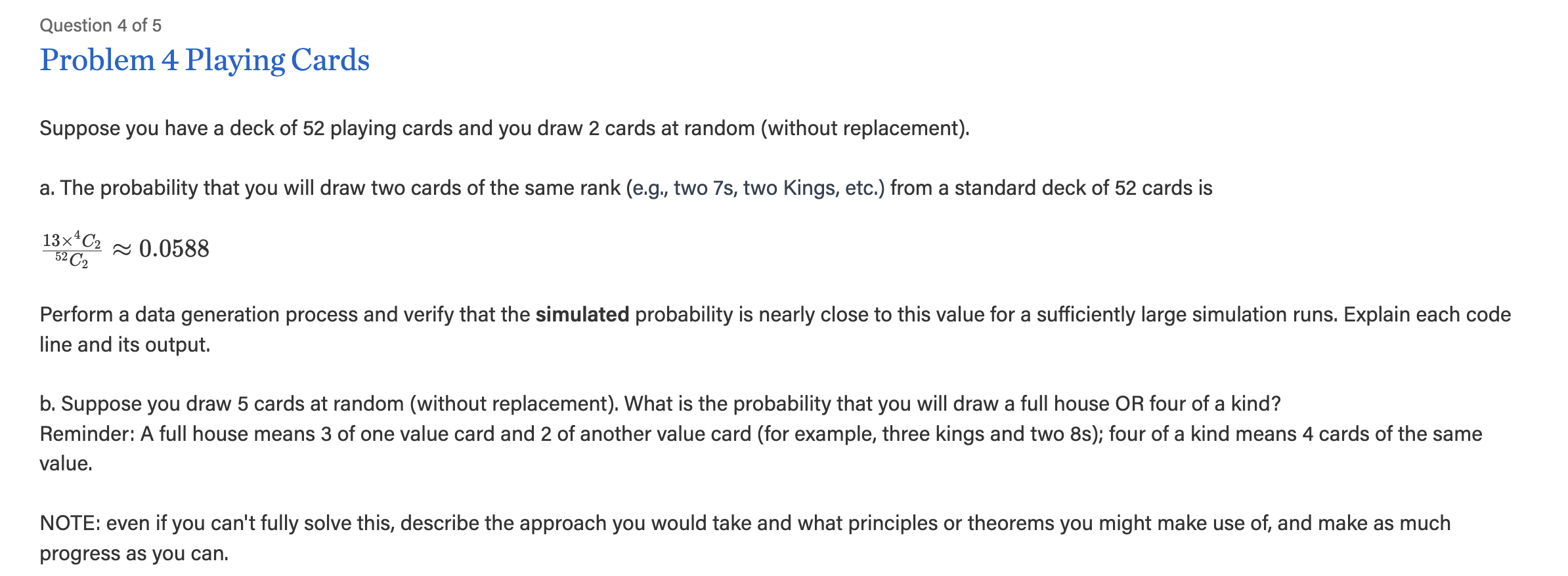 Solved Question 4 ﻿of 5Problem 4 ﻿Playing CardsSuppose you | Chegg.com