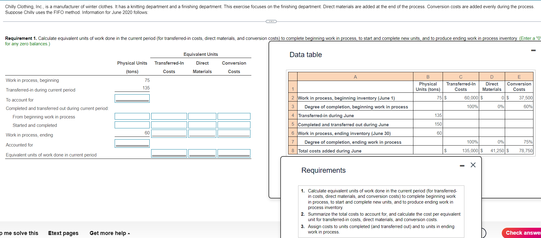 Data table Requirements 1. Calculate equivalent units | Chegg.com