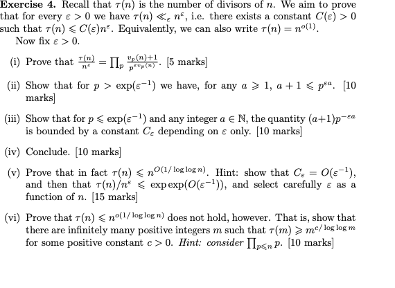 Exercise 4. Recall that τ(n) is the number of | Chegg.com