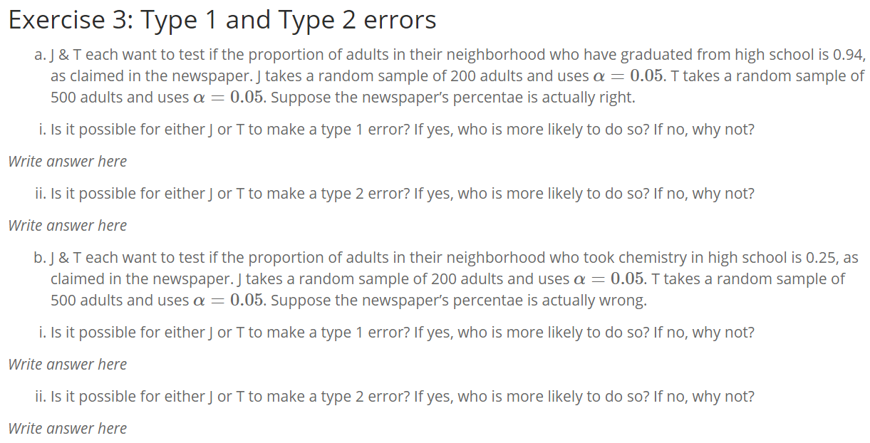 Exercise 3: Type 1 and Type 2 errors a. J&T each want | Chegg.com