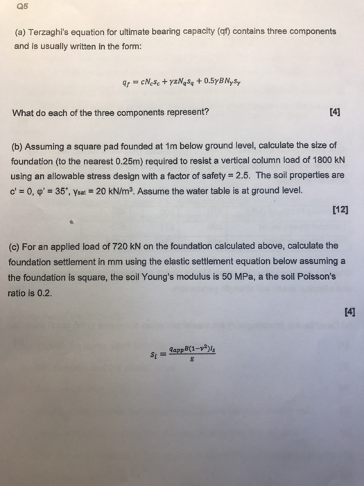 Solved 05 (a) Terzaghi's equation for ultimate bearing | Chegg.com