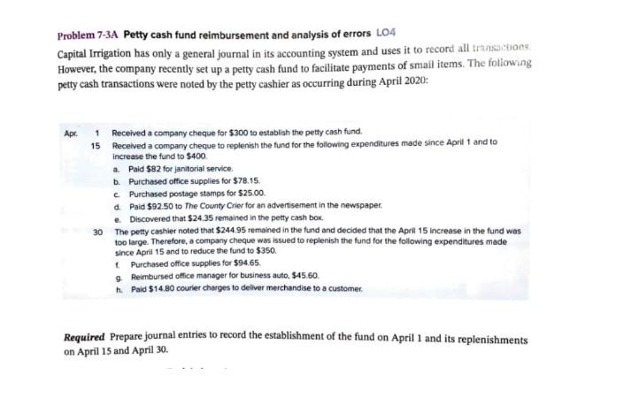 Solved Problem 7-3A Petty cash fund reimbursement and | Chegg.com