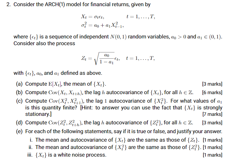 2. Consider the ARCH(1) model for financial returns, | Chegg.com