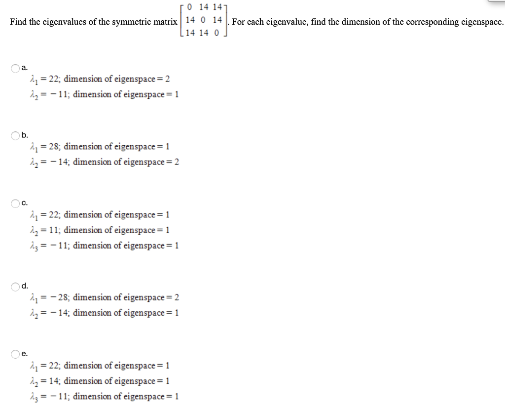 Solved O 14 141 14 0 14 |. For each eigenvalue, find the | Chegg.com