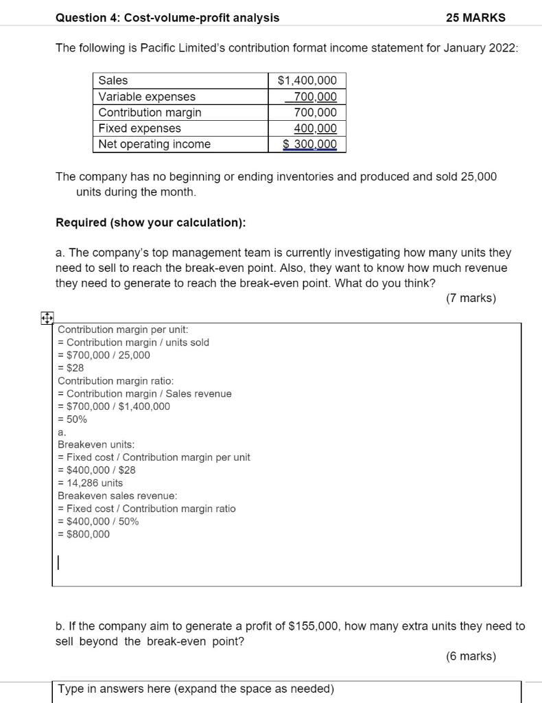 Solved Question 4: Cost-volume-profit analysis 25 MARKS The | Chegg.com