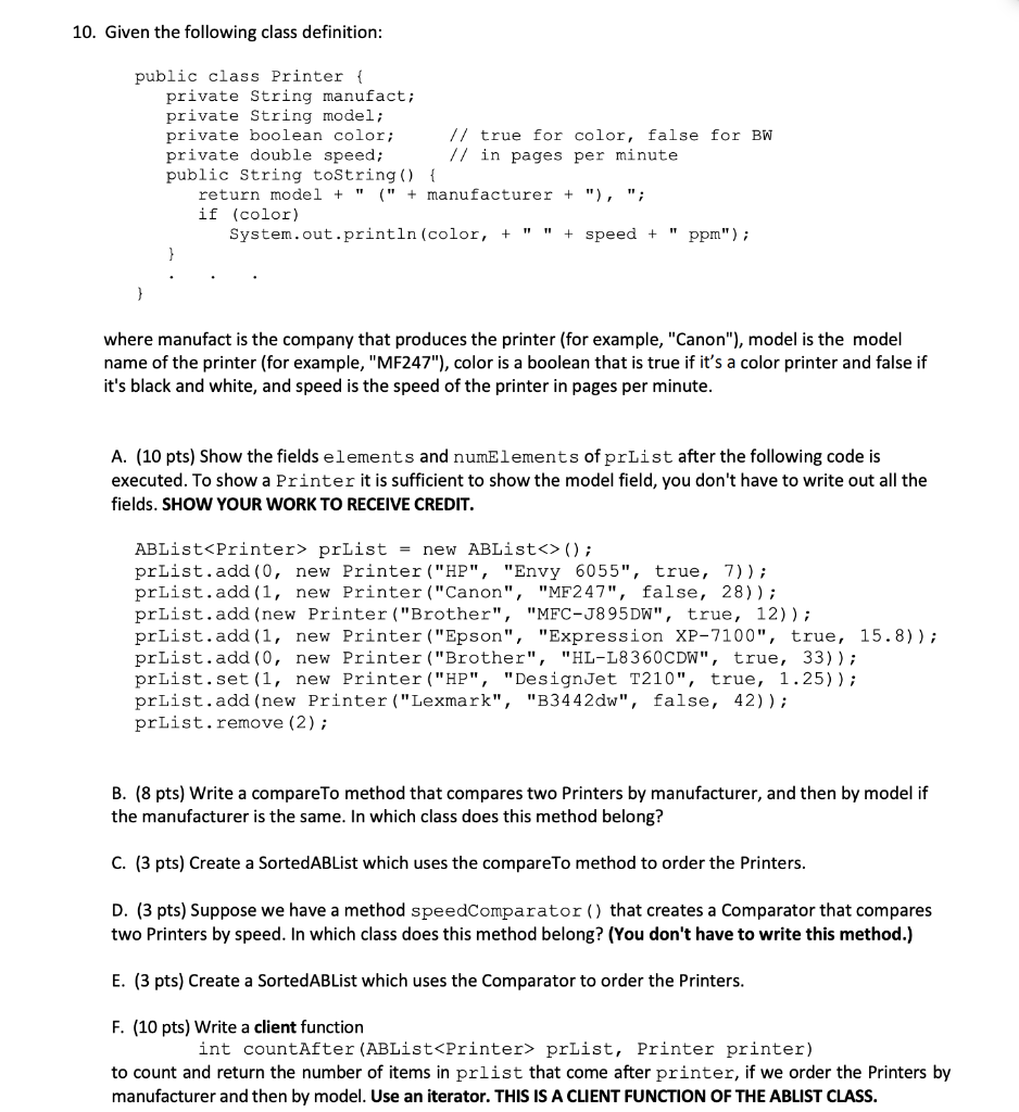 Solved 10. Given the following class definition: public | Chegg.com