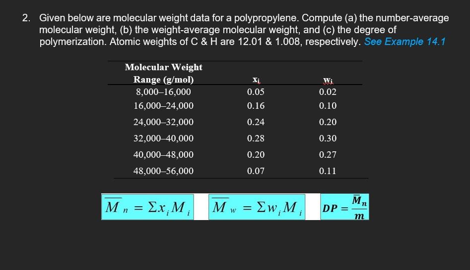 Solved 2. Given below are molecular weight data for a | Chegg.com