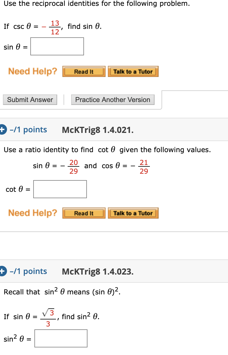 Solved Use the reciprocal identities for the following | Chegg.com
