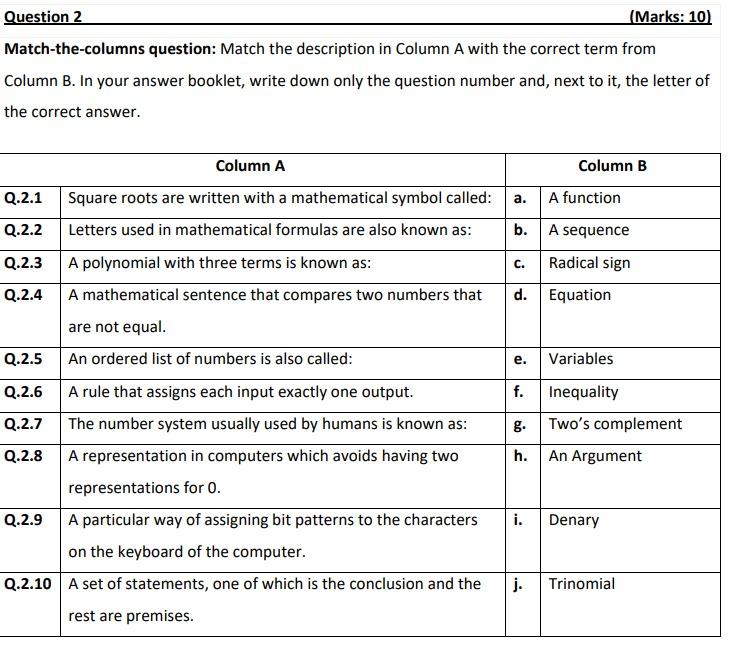 Solved Question 2 (Marks: 10) Match-the-columns question: | Chegg.com