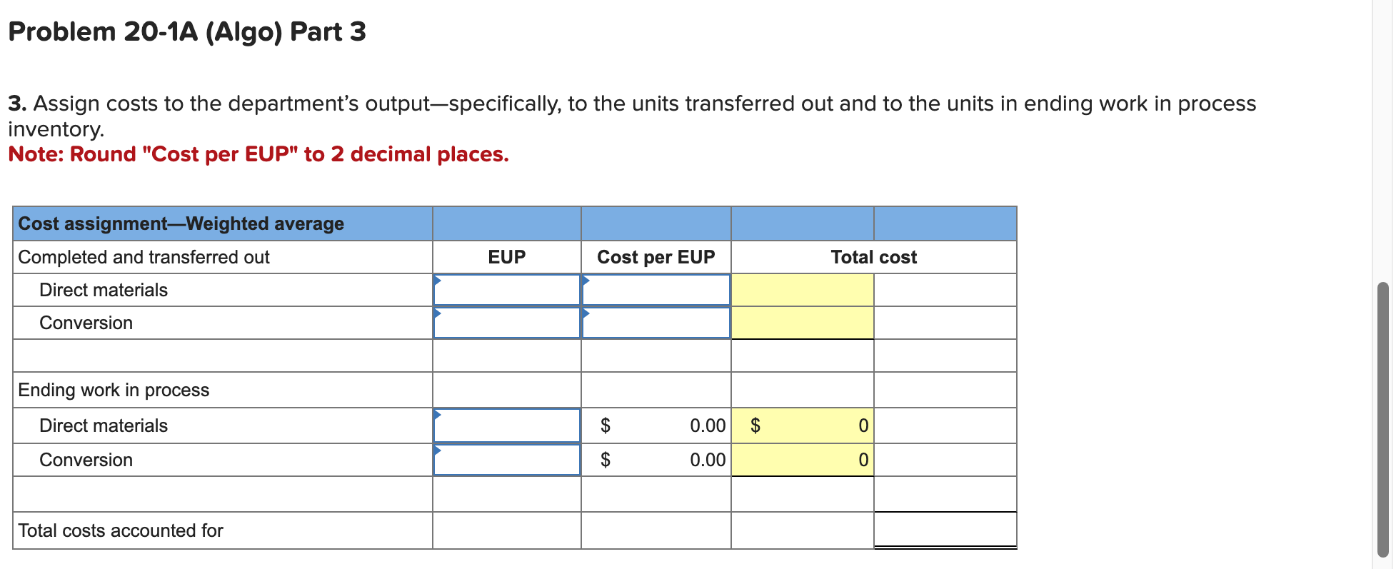 Solved Problem 20-1A (Algo) Weighted average: Cost per | Chegg.com