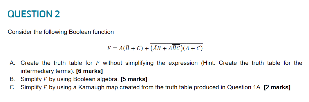 Solved QUESTION 2 Consider the following Boolean function F | Chegg.com