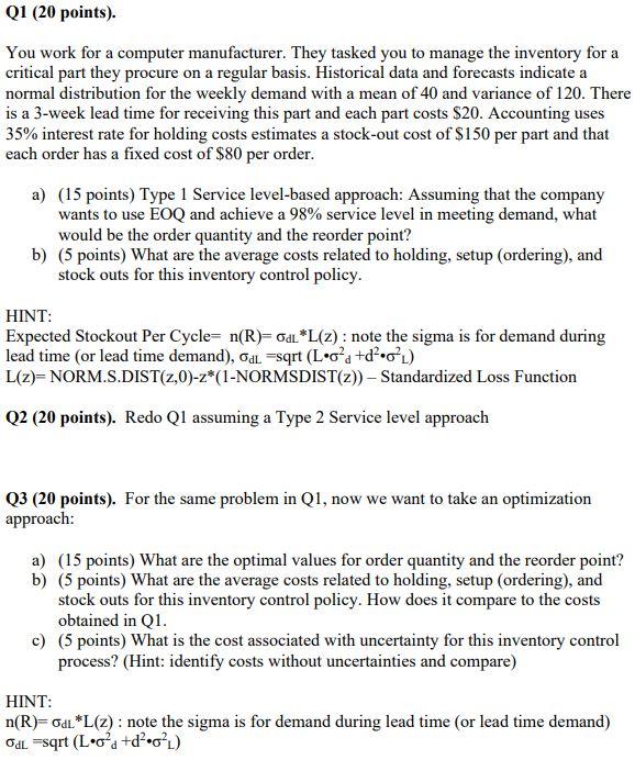 Q1 (20 points). You work for a computer manufacturer. | Chegg.com