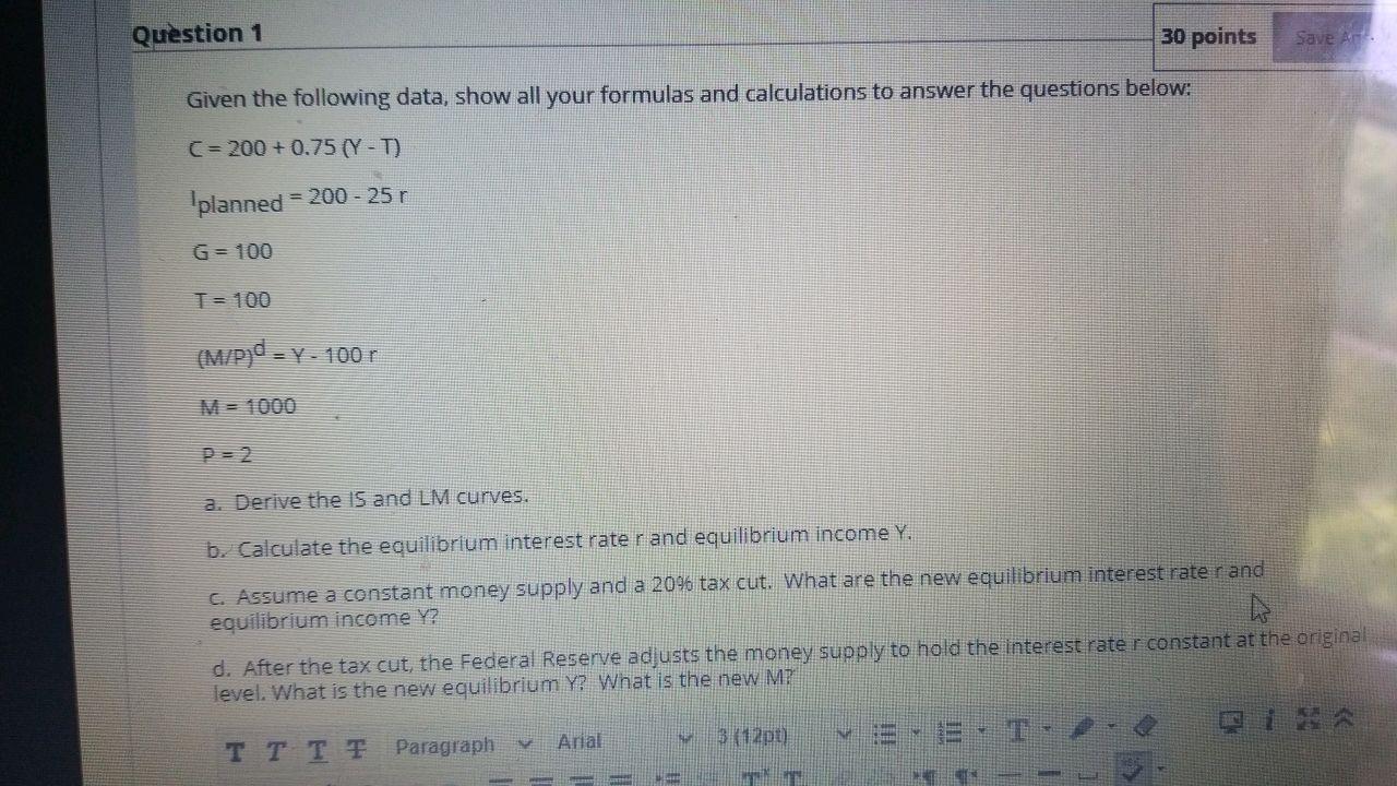 Solved Question 1 30 points Save A Given the following data, | Chegg.com
