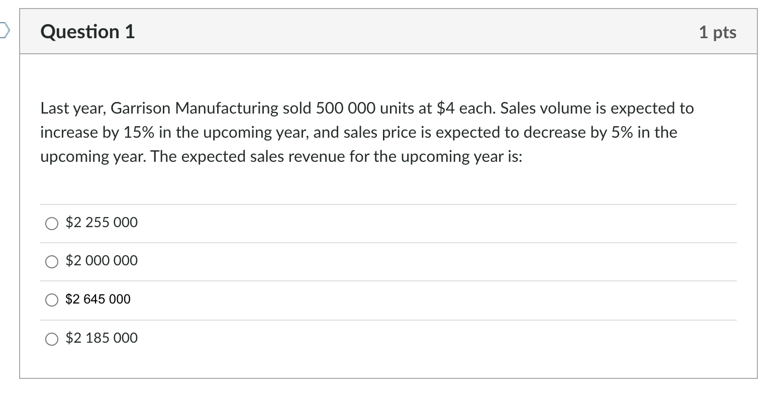 Solved Question 1 1 pts Last year, Garrison Manufacturing | Chegg.com