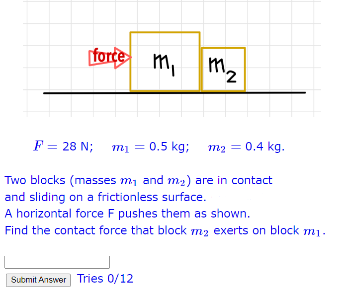 Solved F=28N;,m1=0.5kg;,m2=0.4kg.Two blocks (masses m1 ﻿and | Chegg.com