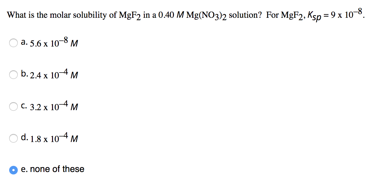Solved What is the molar solubility of MgF2 in a 0.40 M | Chegg.com