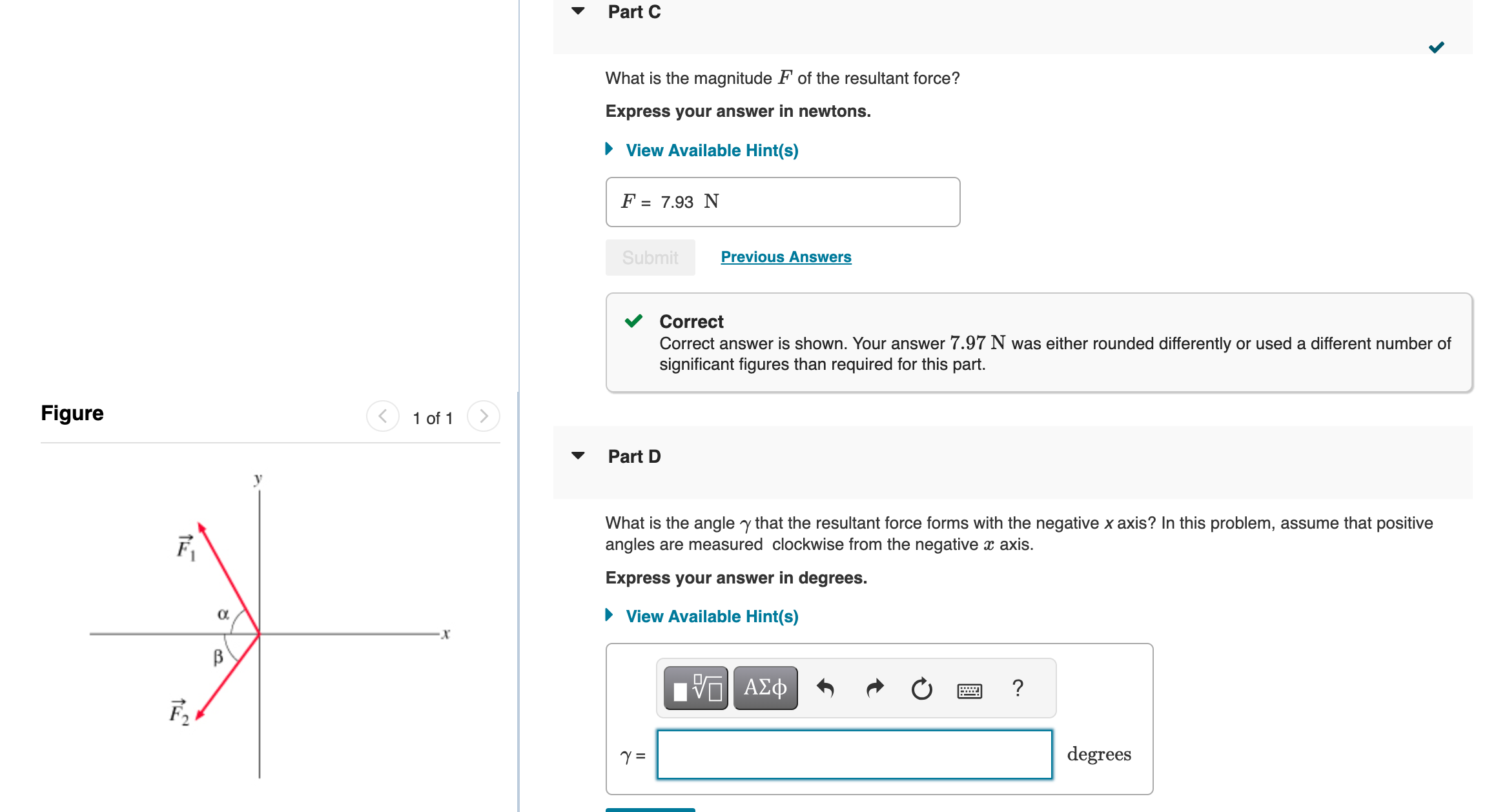 Solved Two Forces F1 And F2 Act At A Point As Shown In