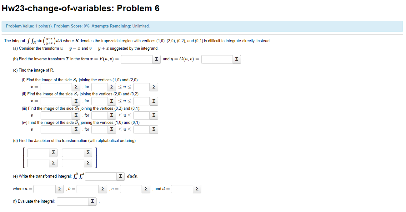 Solved Hw23-change-of-variables: Problem 6 Problem Value: 1 | Chegg.com