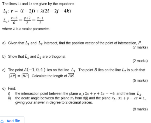 Solved The lines L1 and L2 are given by the equations L r = | Chegg.com